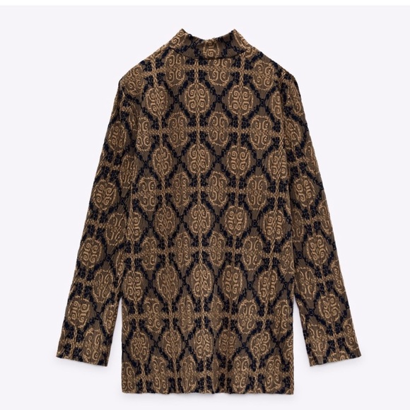 Zara | Tops | Zara Jacquard Printed Mock Neck Textured Long Sleeve Top ...